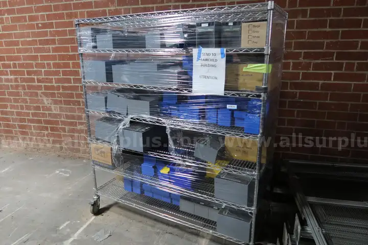 Uline wire storage shelves with contents, storage bins | AllSurplus