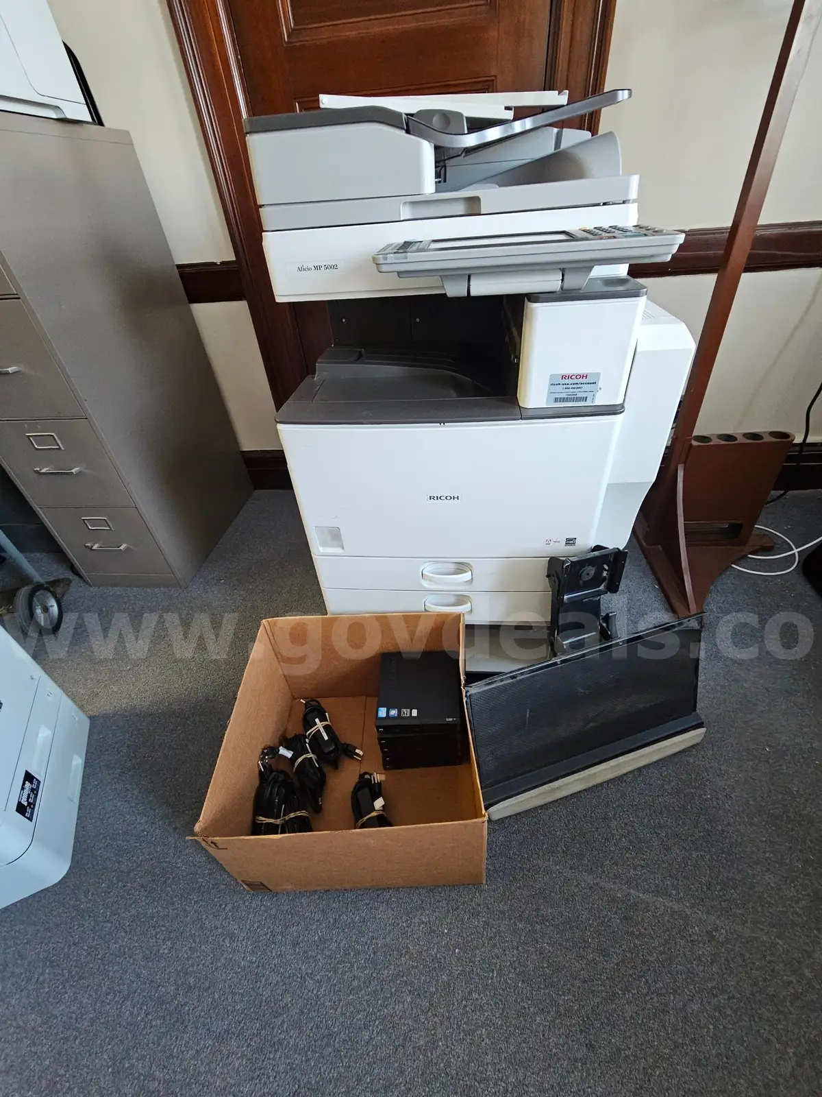 5 Mini Computers, Ricoh Printer, and Keyboard Holder | AllSurplus
