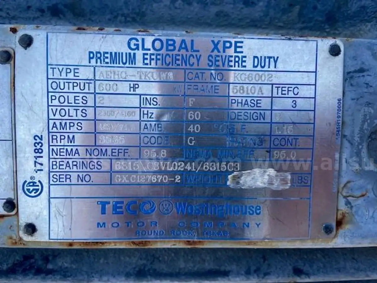 Teco Westinghouse Global XEP Premium Efficiency Severe Duty Electric Motor Model Number KG6002 ...