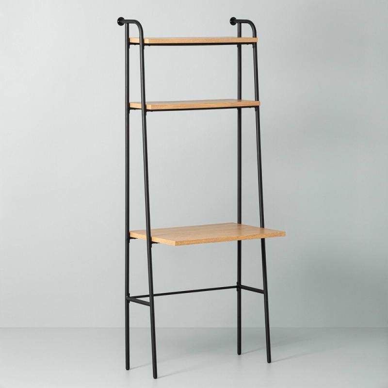 Wood Wire Bookshelf with Desk Natural Black Hearth Hand with Magnolia AllSurplus Cincinnati