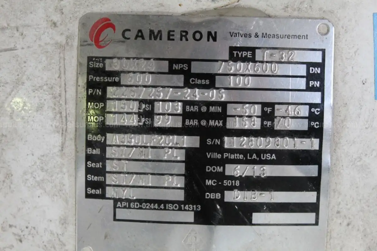 2013 Cameron T-32 30in x 24in Ball Valve, Emerson 2000 Actuator & Worm ...