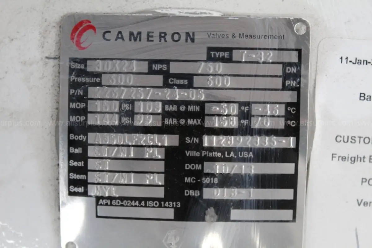 2013 Cameron T-32 30in x 24in Ball Valve, Emerson 2000 Actuator & Worm ...