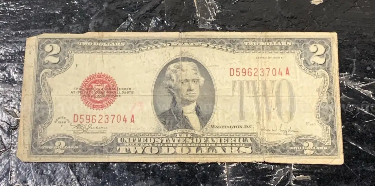 MISCUT 1928 RED INK $2 DOLLAR BILL US U.S. UNITED STATES CURRENCY ...
