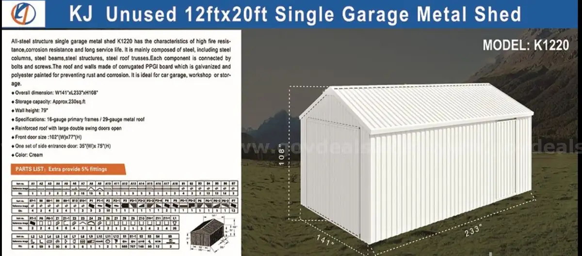NEW 12ft x 20ft Single Car Garage Metal Shed with Side Door KJ K1220 ...