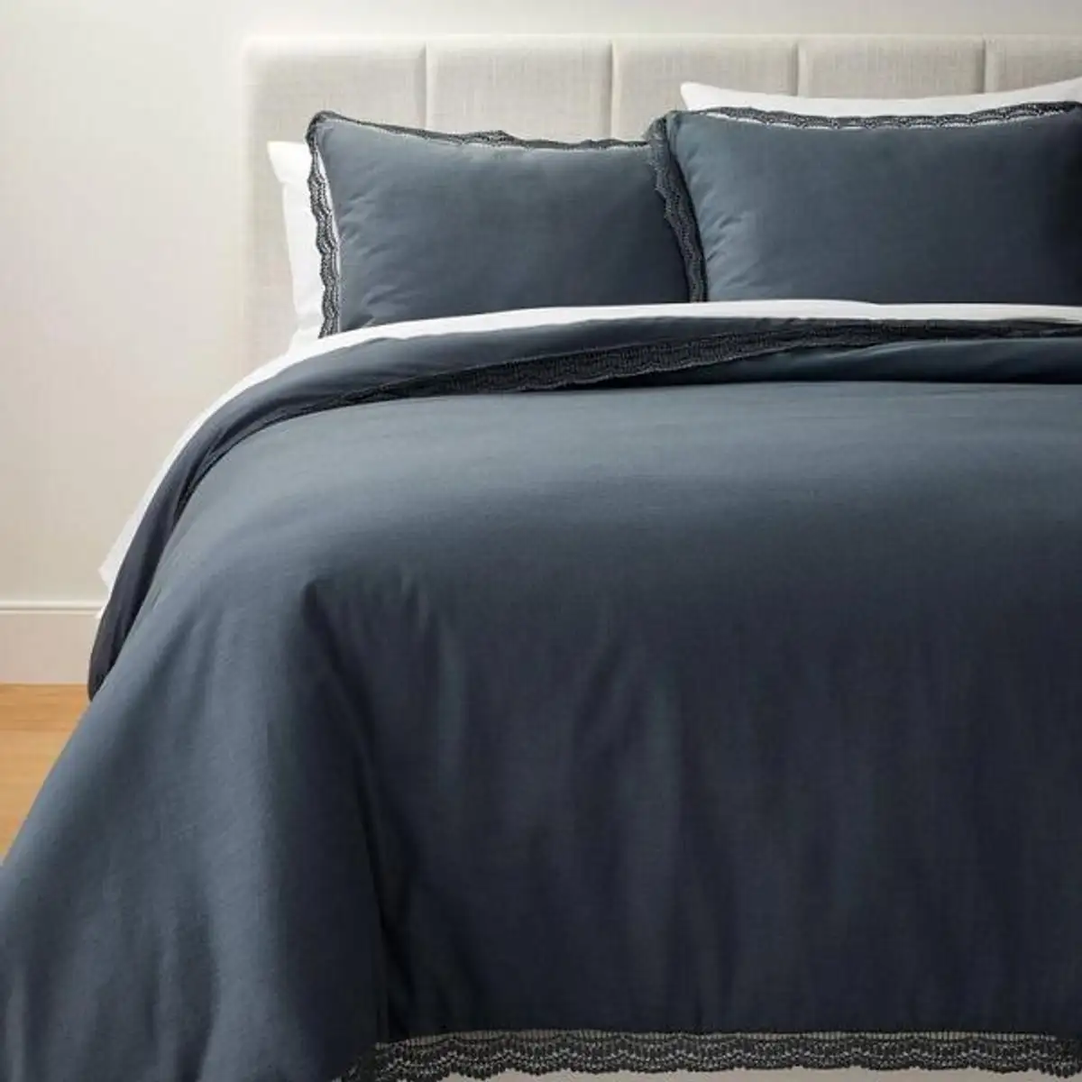 King Lace Border Cotton Slub Comforter & Sham Set Slate Blue ...
