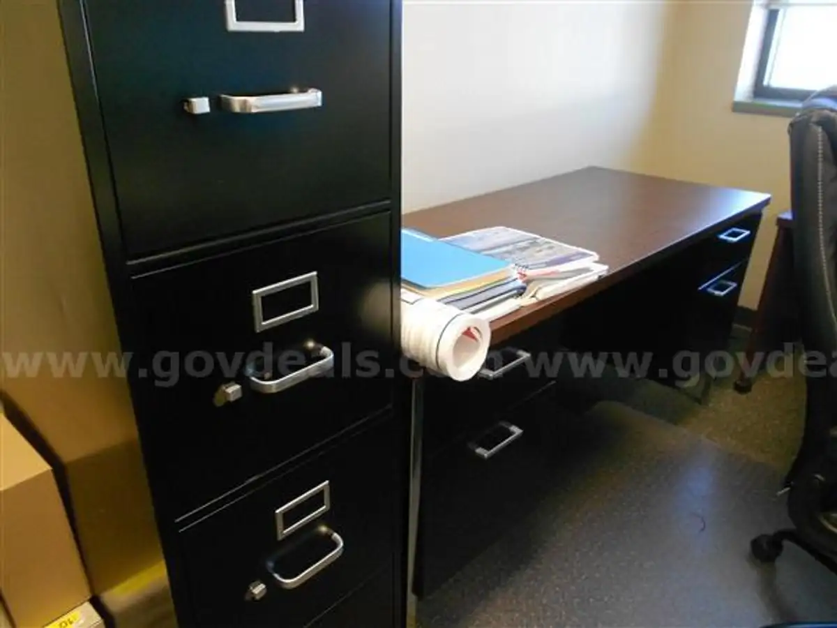 Metal Desk with Laminate Wood Top & matching file cabinet | AllSurplus
