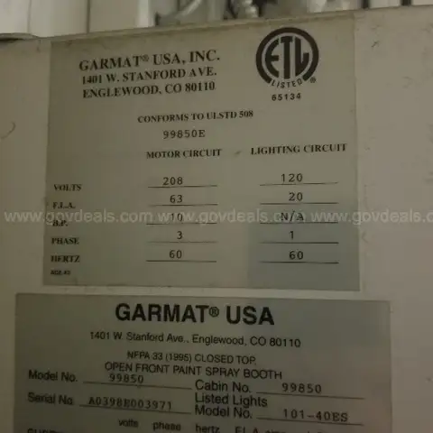1995 NFPA 33 GARMAT USA Closed Top Open Front Paint Spray Booth ...