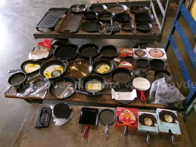 Lot of Various Size Cast Iron Skillets, Presses and Pan. | GovDeals