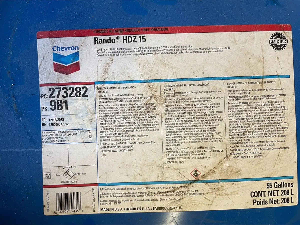 NEW, Hydraulic Oil, Chevron Rando HDZ , 15, (qty. (7) 55 gallon drums ...