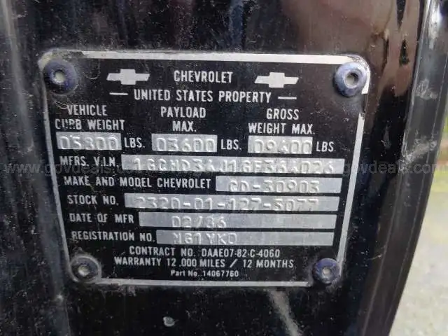 1986 Chevrolet CD-30903 Military CUCV 3600Lb Payload Pick-up Truck ...